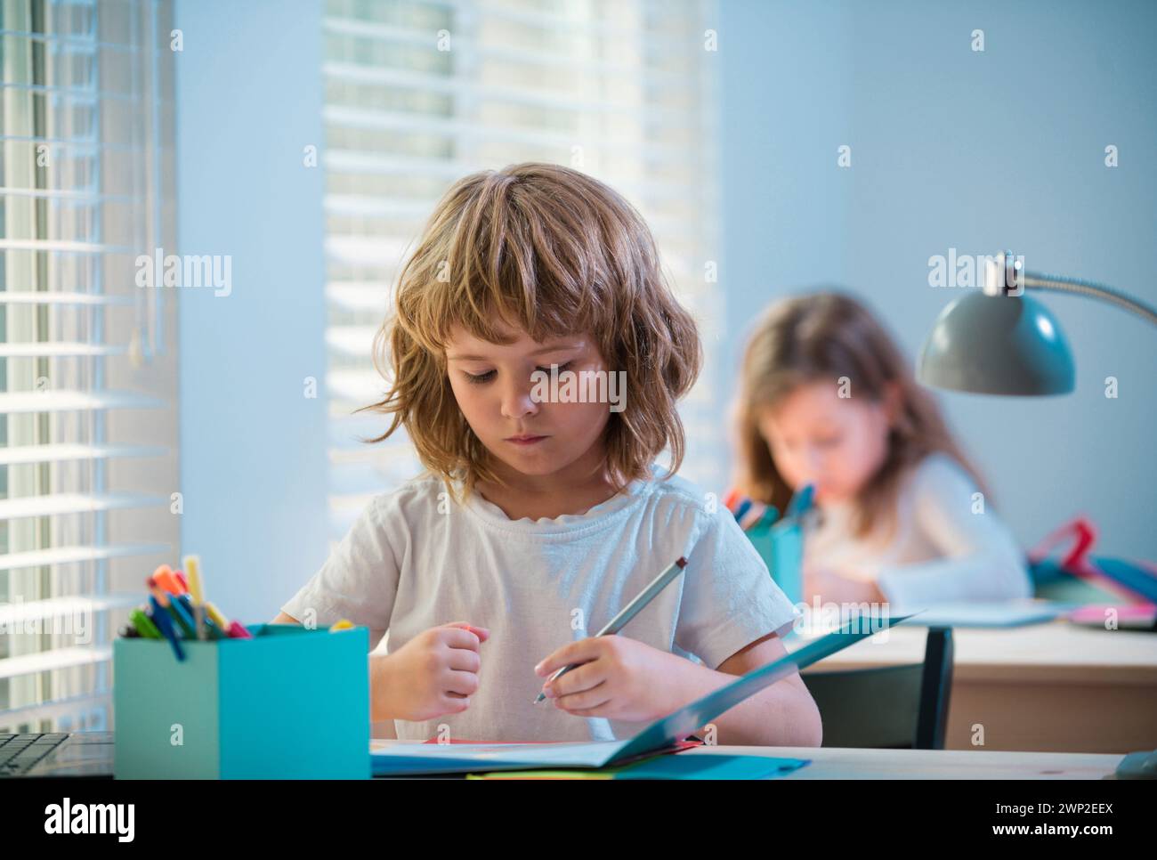 Cute pupil writing at desk in classroom at the elementary school ...