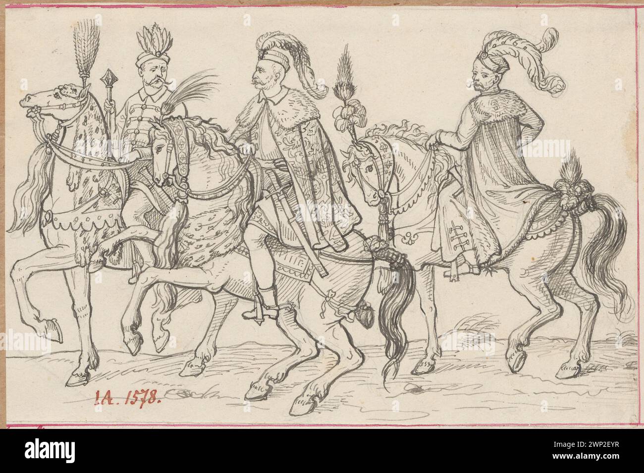 Engraving showing three riders in 16th-century Hungarian costumes and ...