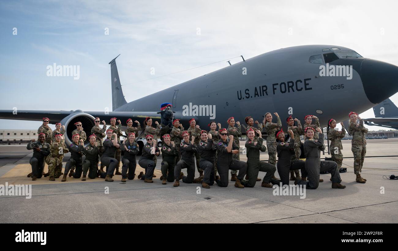 Airmen assigned to the 6th Air Refueling Wing pose for a group photo on ...