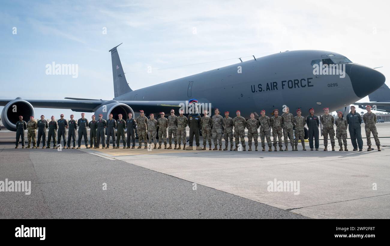 Airmen assigned to the 6th Air Refueling Wing pose for a group photo on ...