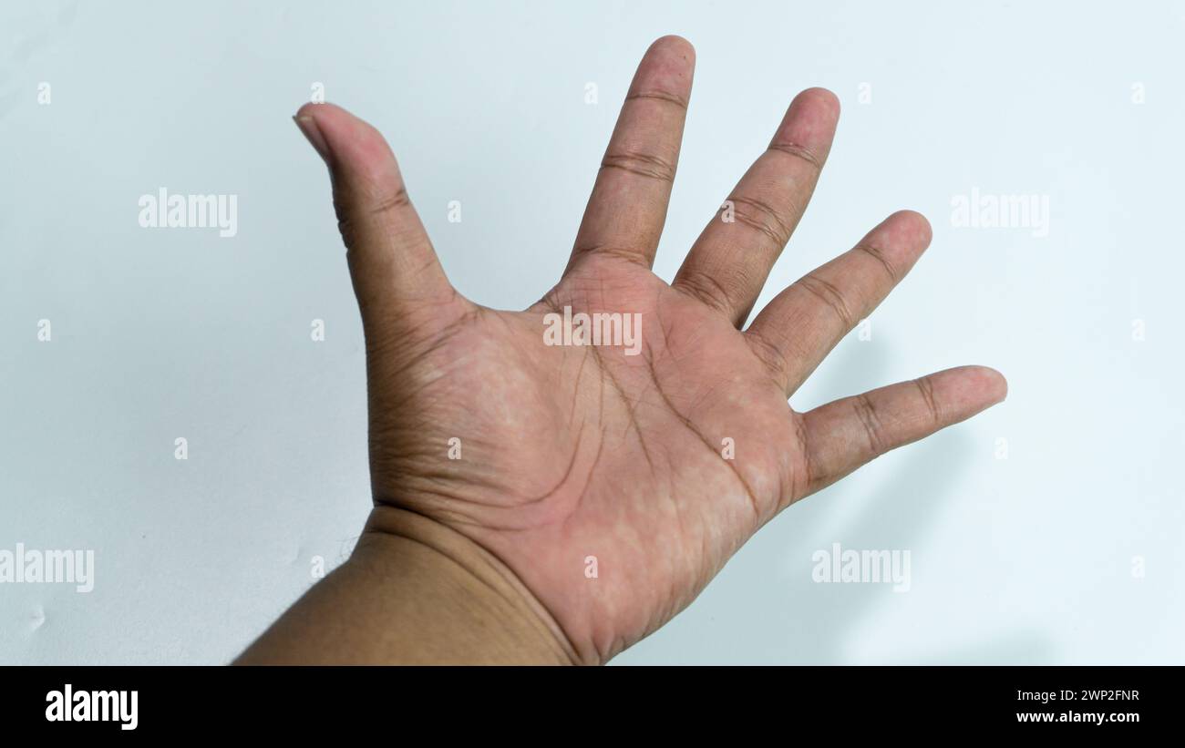 Hand in open five-finger pose, showing five fingers isolated on white ...