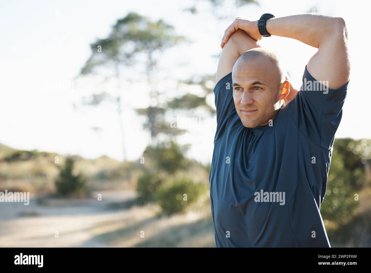 Nature, stretching and man in forest for fitness, workout and ...