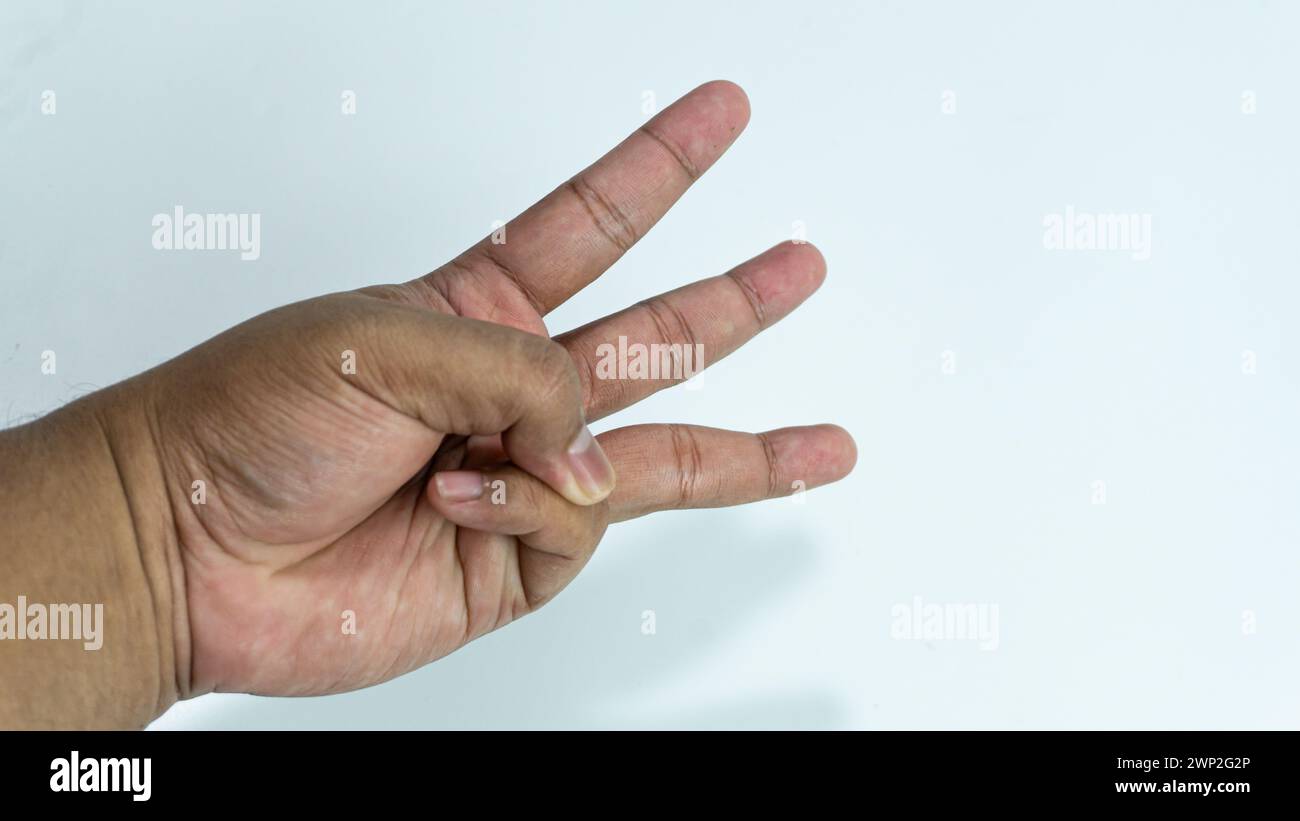 Hand with three fingers pose isolated on white background Stock Photo ...