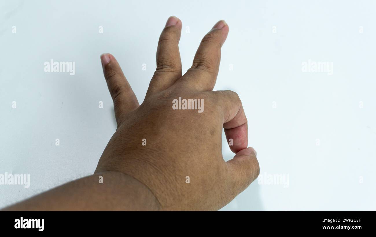 Hand with three fingers pose, giving OK sign isolated on white ...