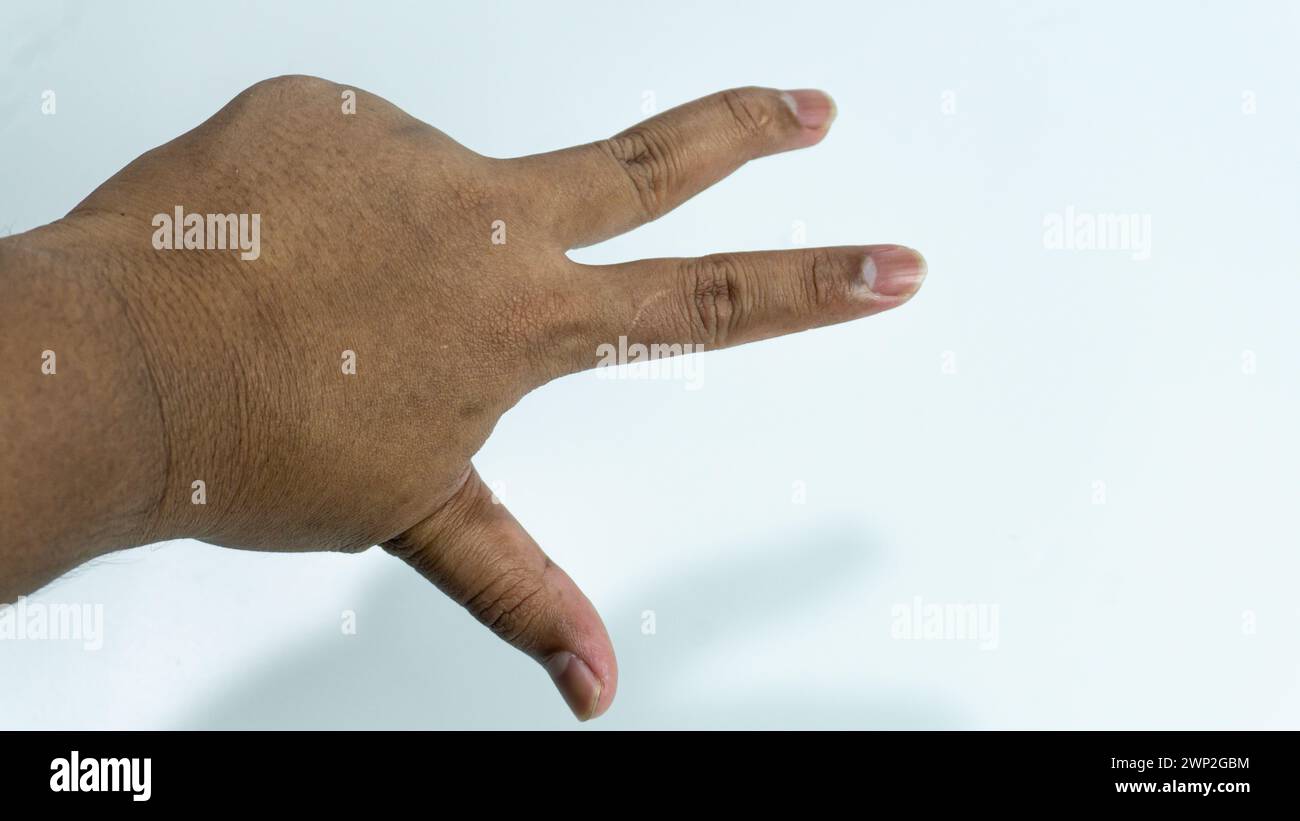 Hand with three fingers pose isolated on white background Stock Photo ...