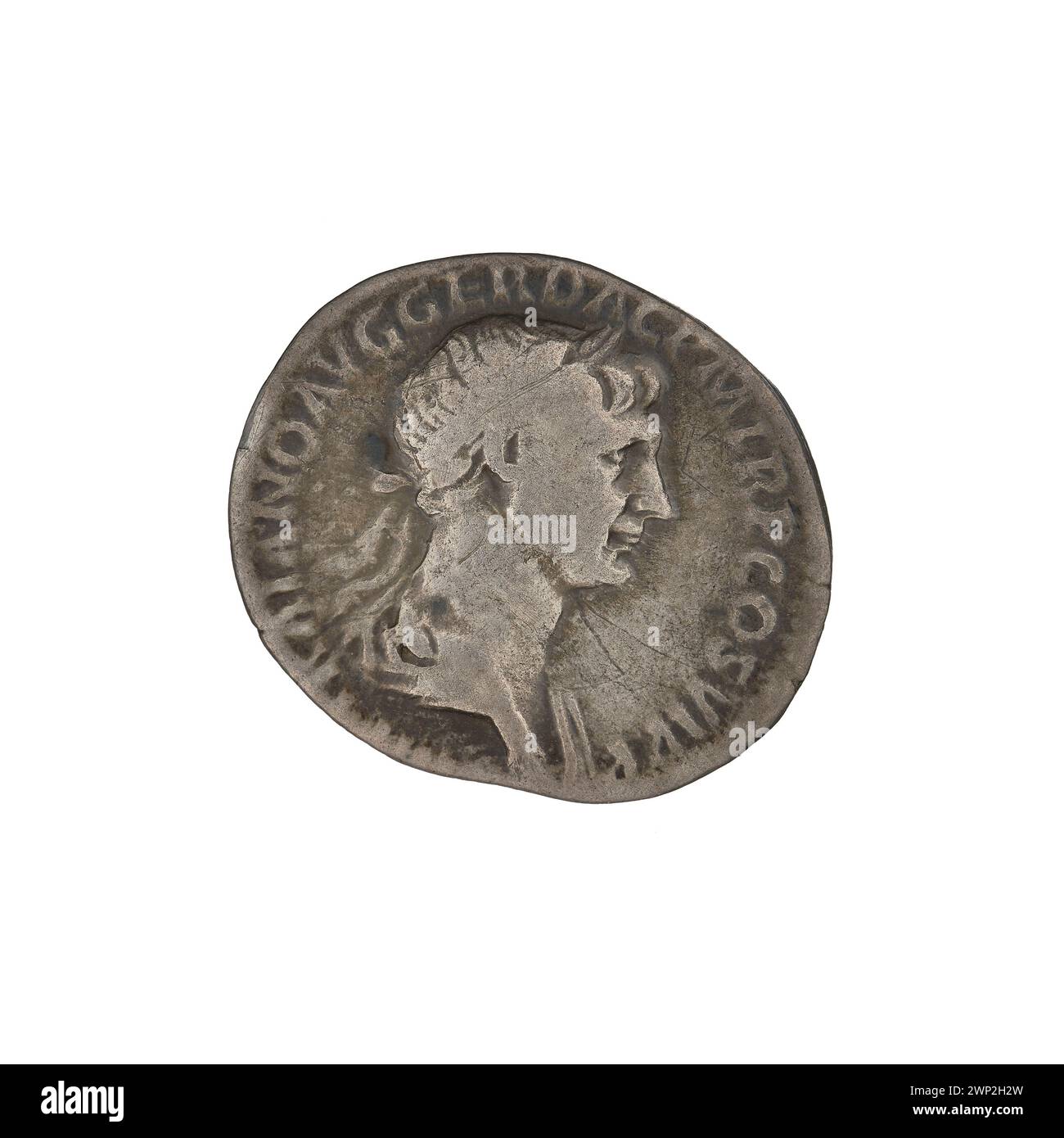Roman denarius minted 112-117 depicting Emperor Trajan with columns ...
