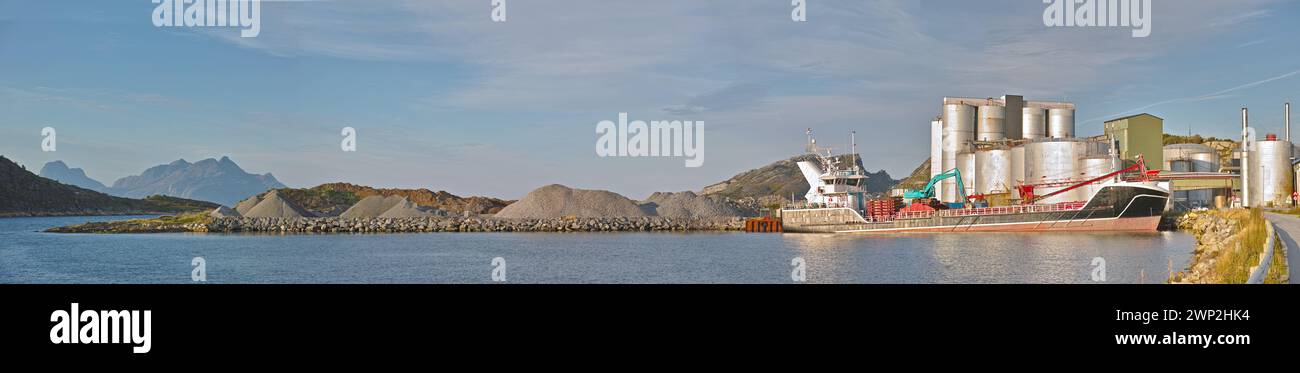 Industrial, landscape and ship on the ocean for transportation, factory ...