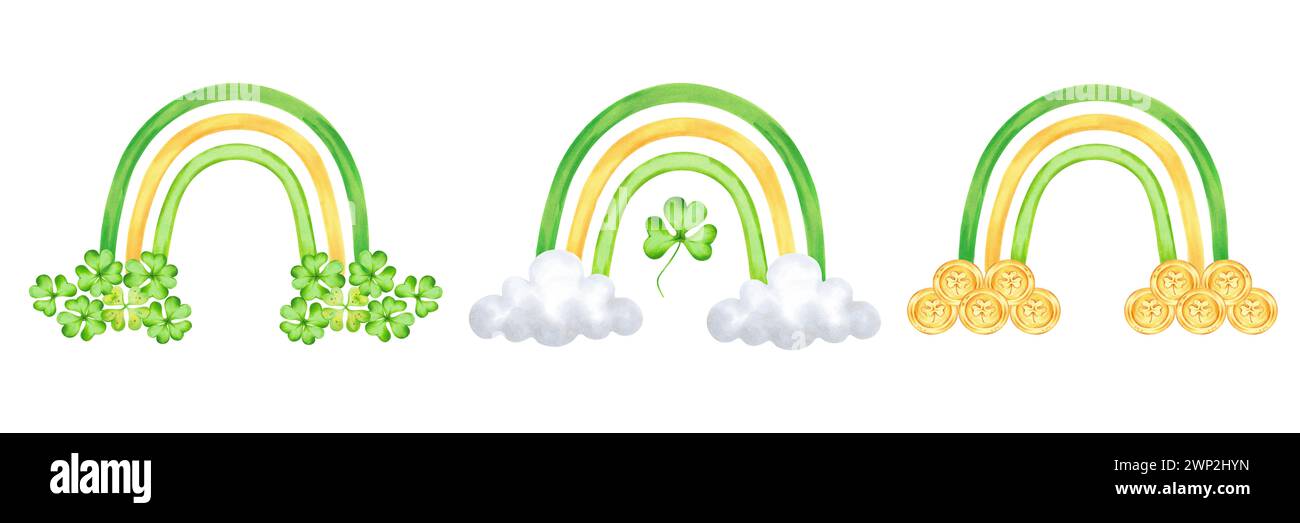 Collection of rainbows with clouds and shamrocks, gold coins for St ...