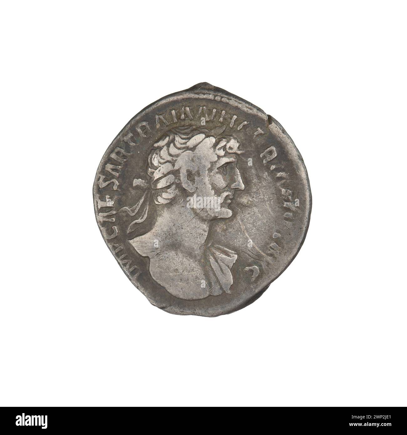 Roman silver denarius minted in 118 CE depicting Emperor Hadrian and ...