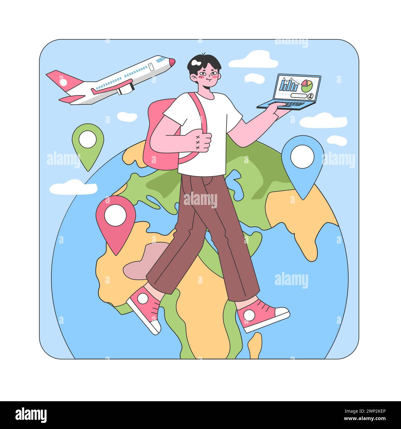 Digital nomad adventures. Young man with a backpack stands on a global map, holding a laptop ...