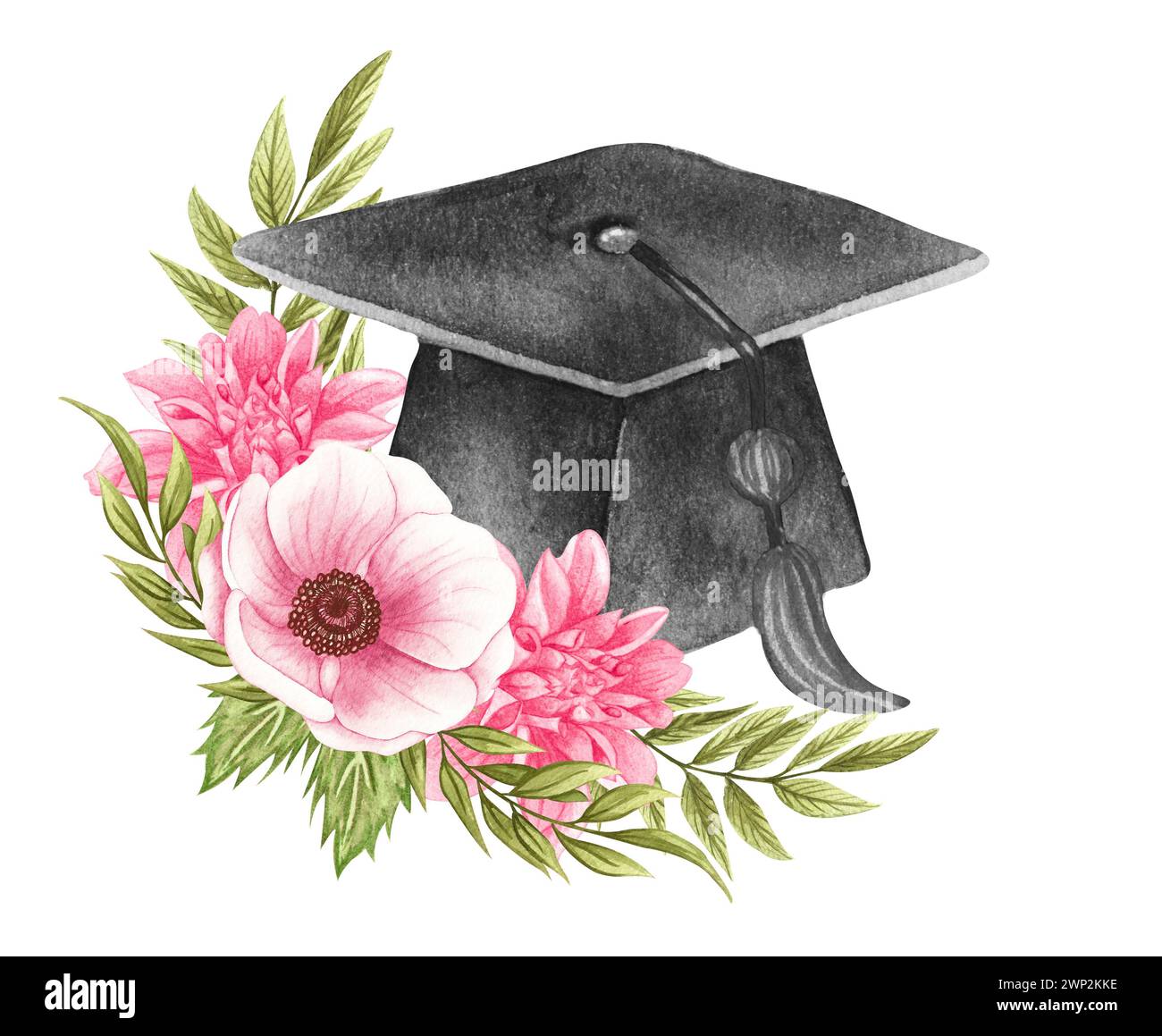 Watercolor graduation cap with flower wreath. Graduation hat Stock ...