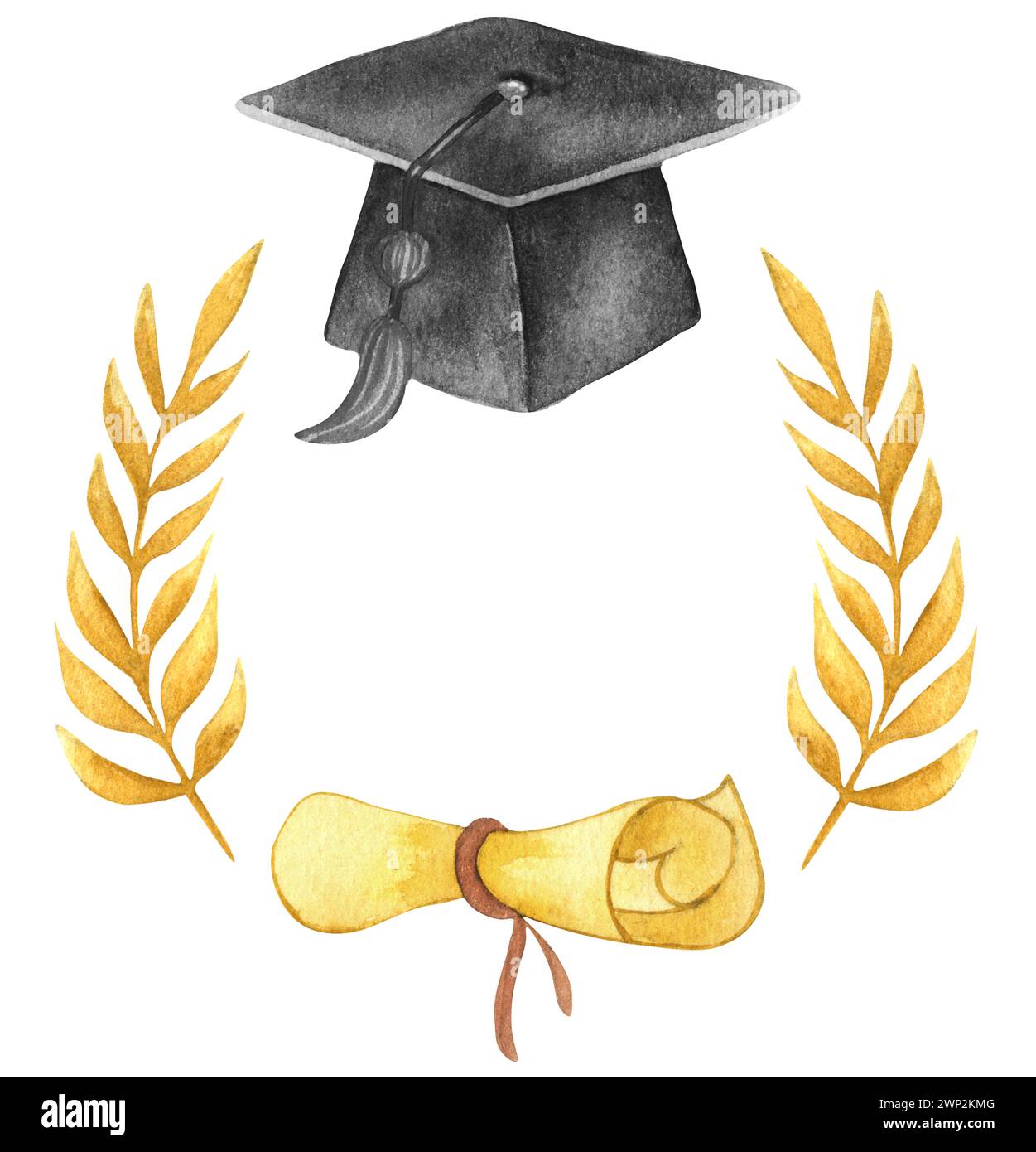 Watercolor graduation cap with laurel wreath. Graduation hat Stock ...