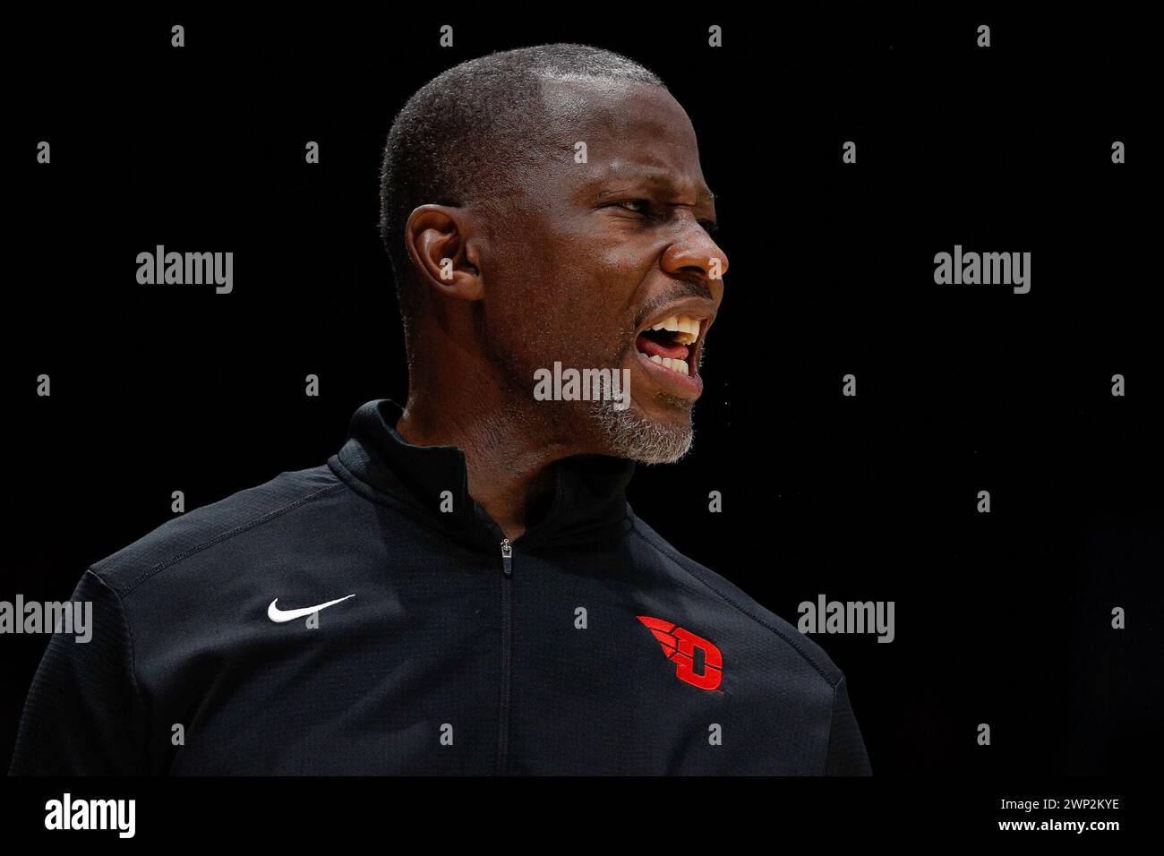 DAYTON, OH - FEBRUARY 27: Dayton Flyers head coach Anthony Grant talks ...