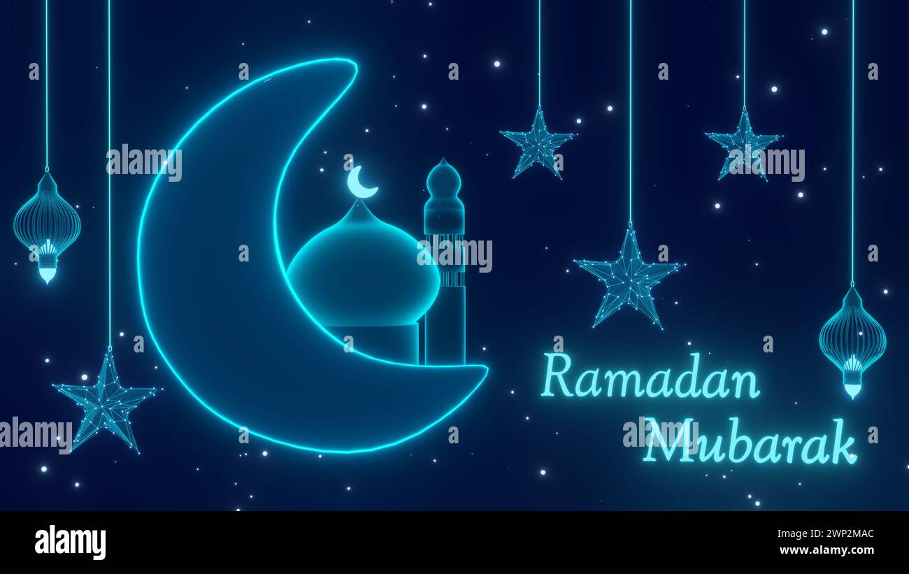 Ramadan Mubarak Islamic background with crescent moon, mosque, and ...