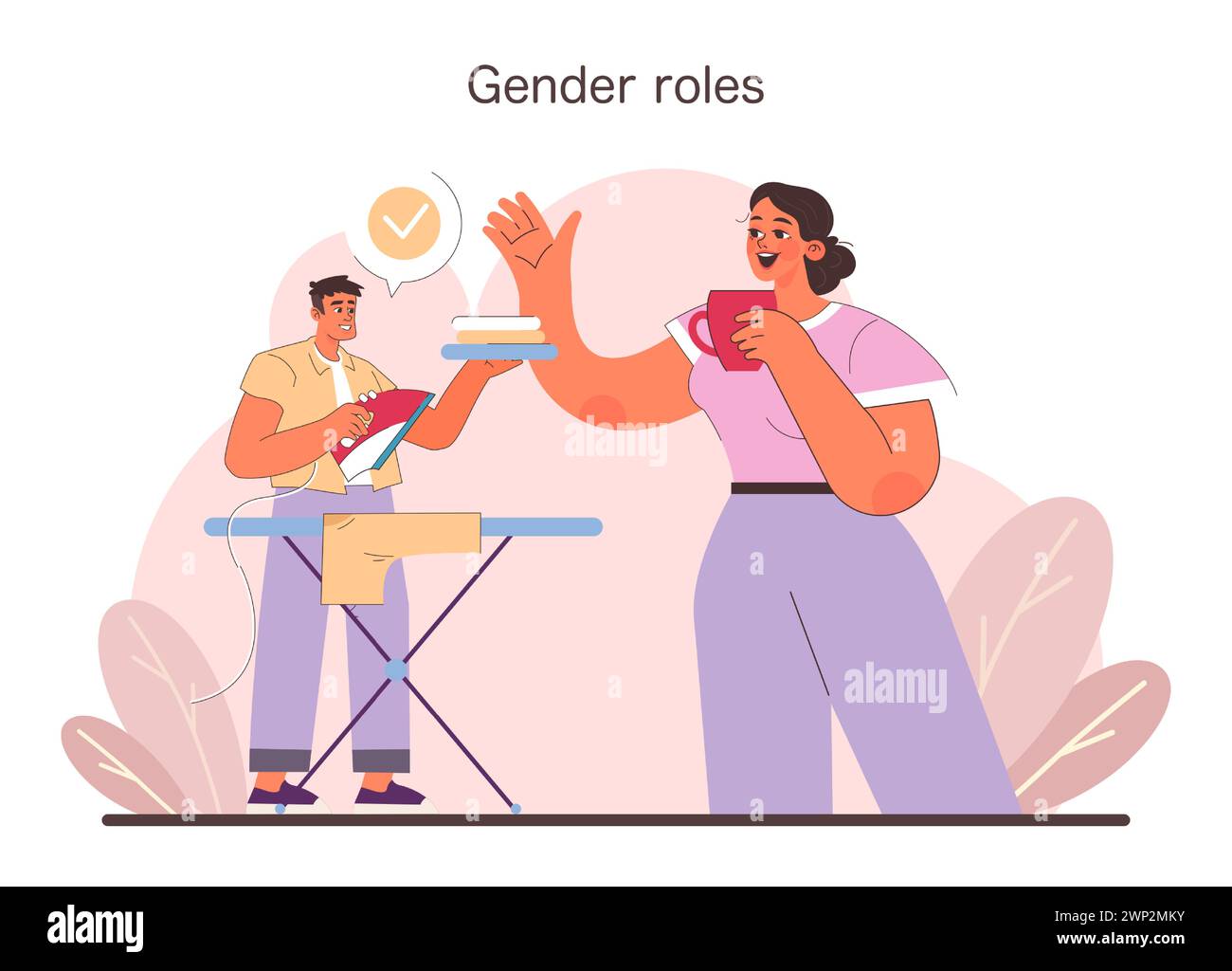 Man ironing clothes, woman enjoying her coffee, challenging traditional ...