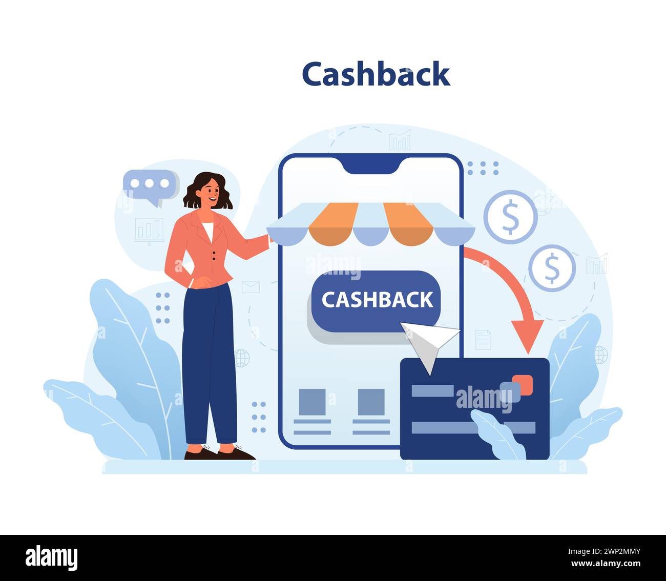 Cashback concept. Woman enjoys online shopping with cash return ...