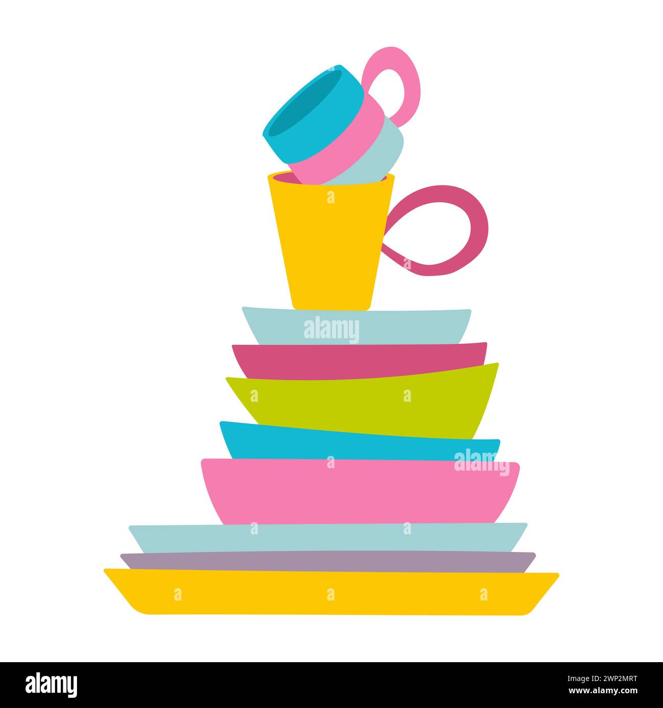 Big pile of colourful plates and cups. Vector design of eclectic ...