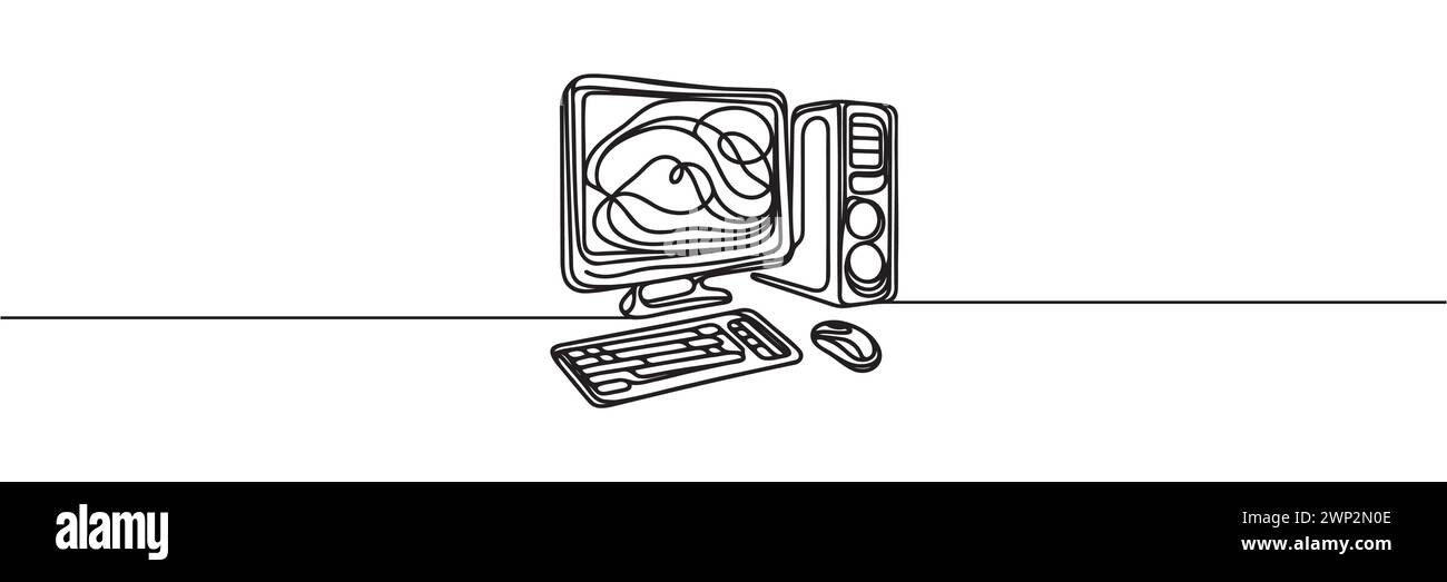 A single continuous drawing of a processor computer and a screen monitor is drawn in one line ...