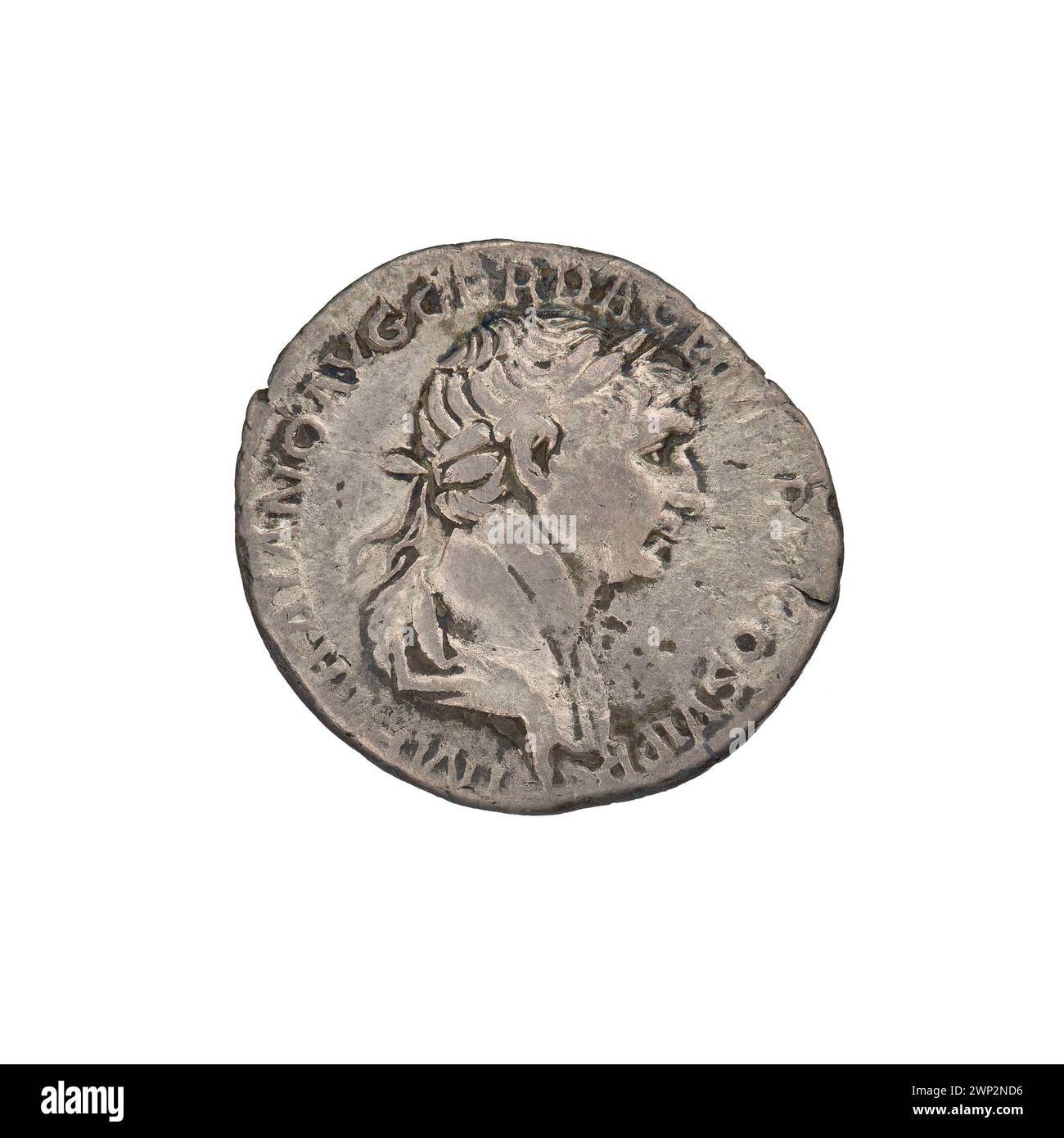 Silver Roman denarius coin dated 112-117, depicting Emperor Trajan with ...