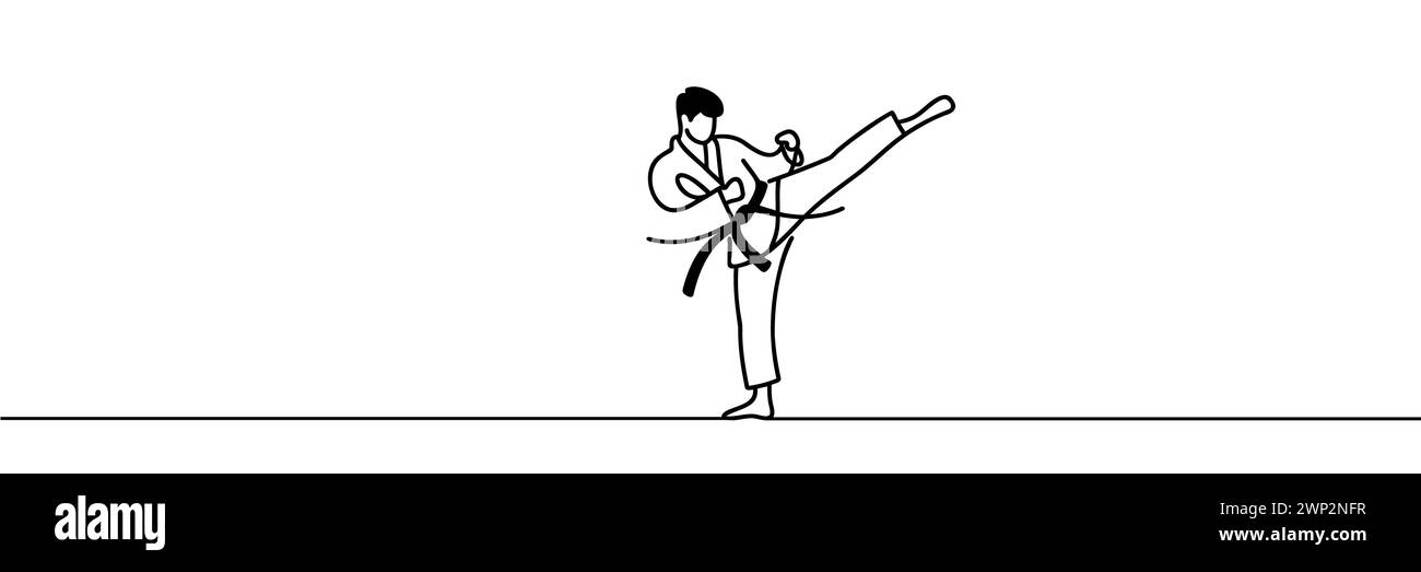 Continuous one line drawing of a young man, a karateka in a kimono ...