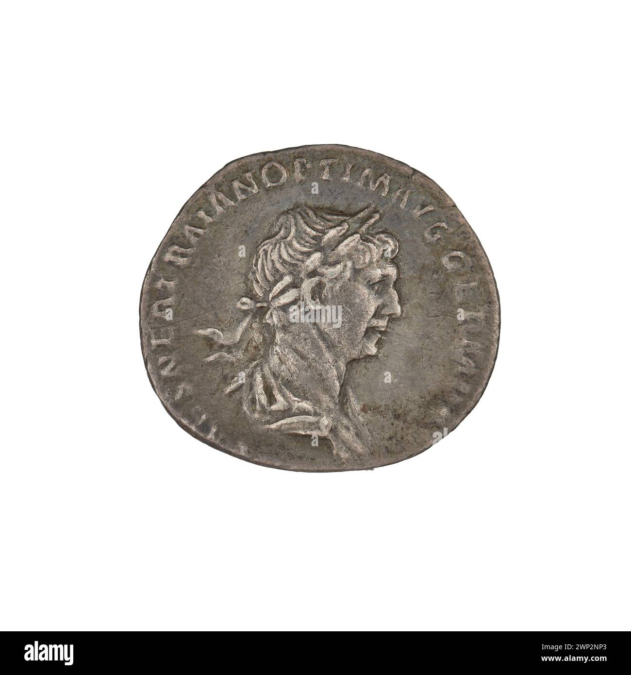 A denarius coin depicting Emperor Trajan with Providentia holding a ...
