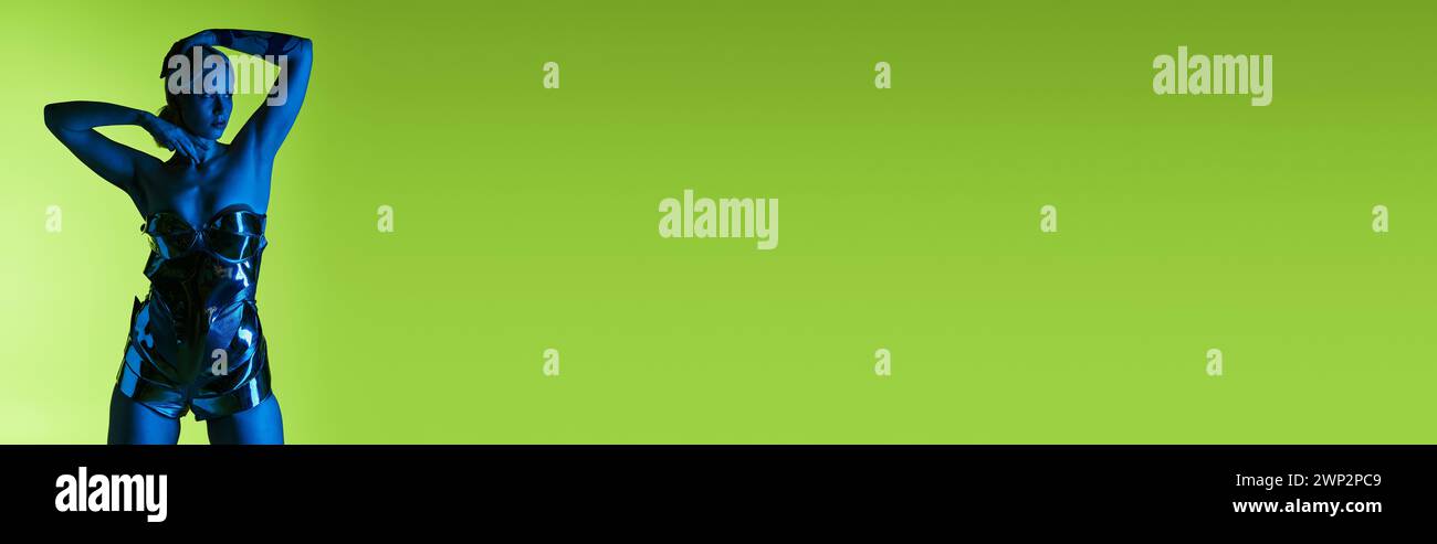 peculiar beautiful woman in futuristic sci fi attire posing in blue ...