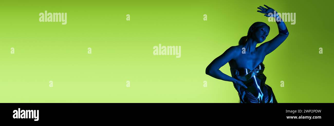 peculiar alluring woman in futuristic sci fi attire posing in blue ...