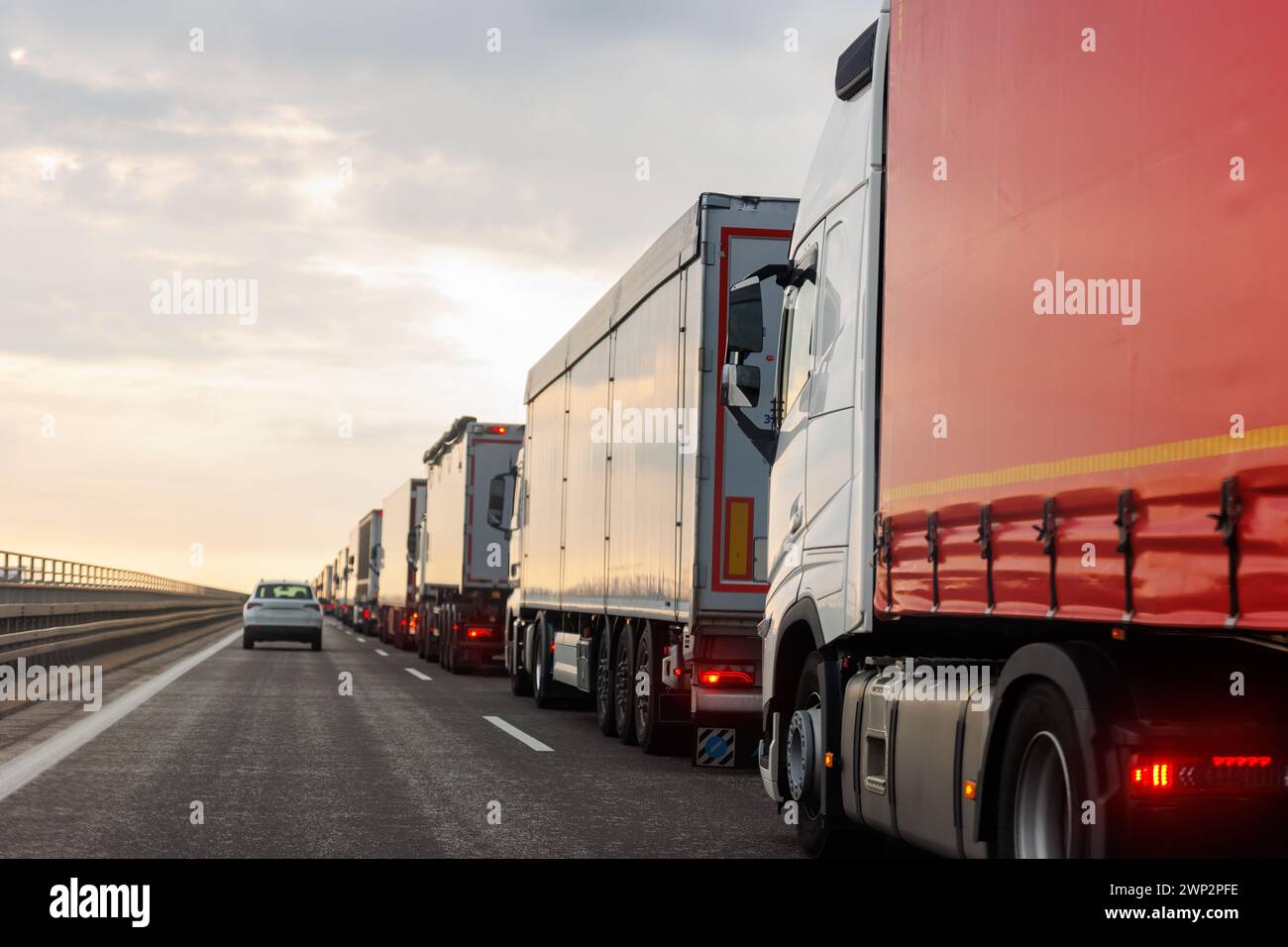 Queue of Trucks on Ukraine-Poland Border traffic jam at Sunset During ...