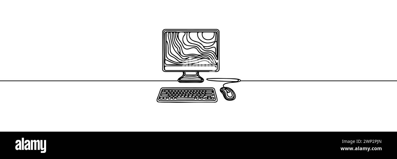 A single continuous drawing of a processor computer and a screen monitor is drawn in one line ...