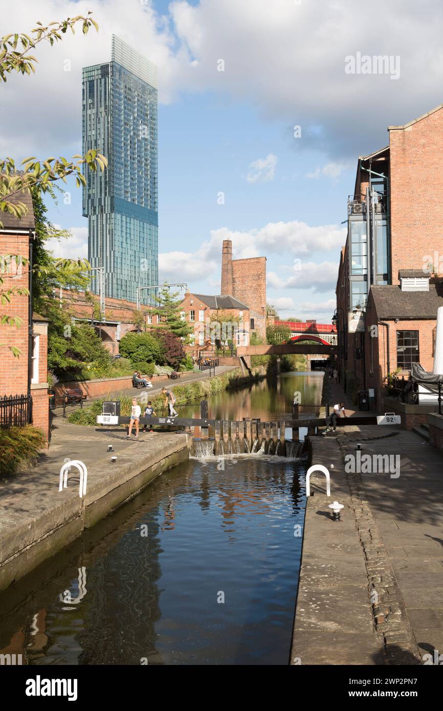 UK, Manchester, castlefields historic area and the modern Beetham tower ...