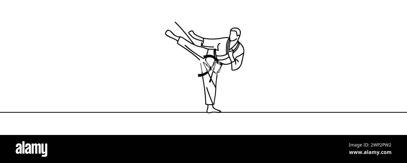 Continuous one line drawing of a young man, a karateka in a kimono ...