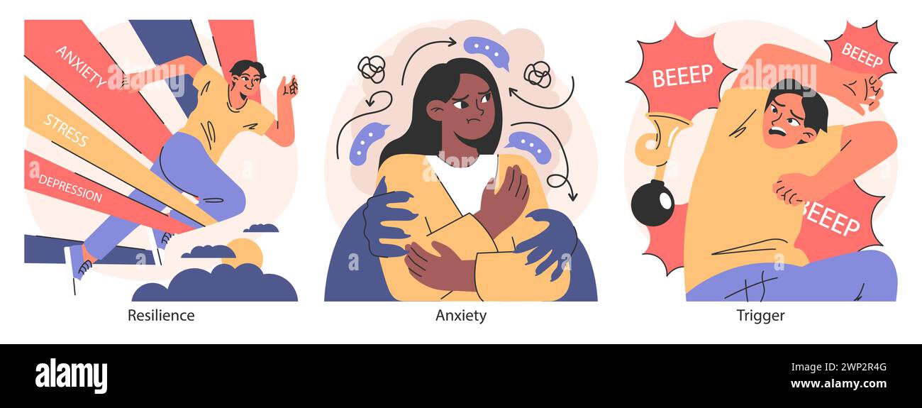 Overcoming fears set. Characters confronting fears with desensitization ...