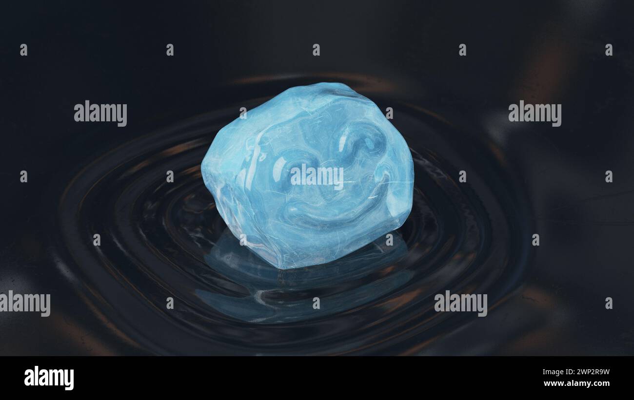 A piece of ice floats and melts in a spring puddle. Spring drops ...