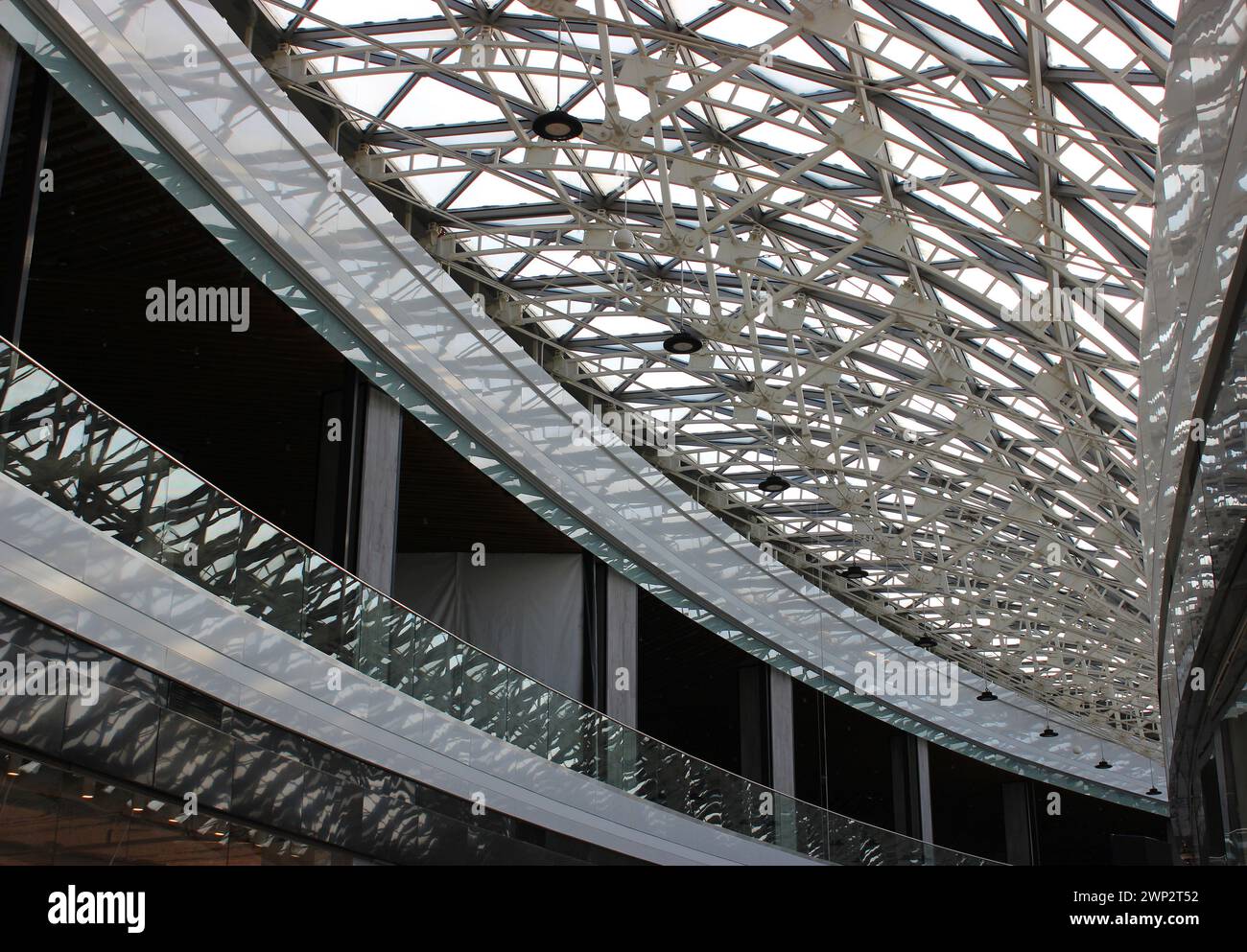 Balcony gallery of a shopping center under modern metal and glass mesh ...