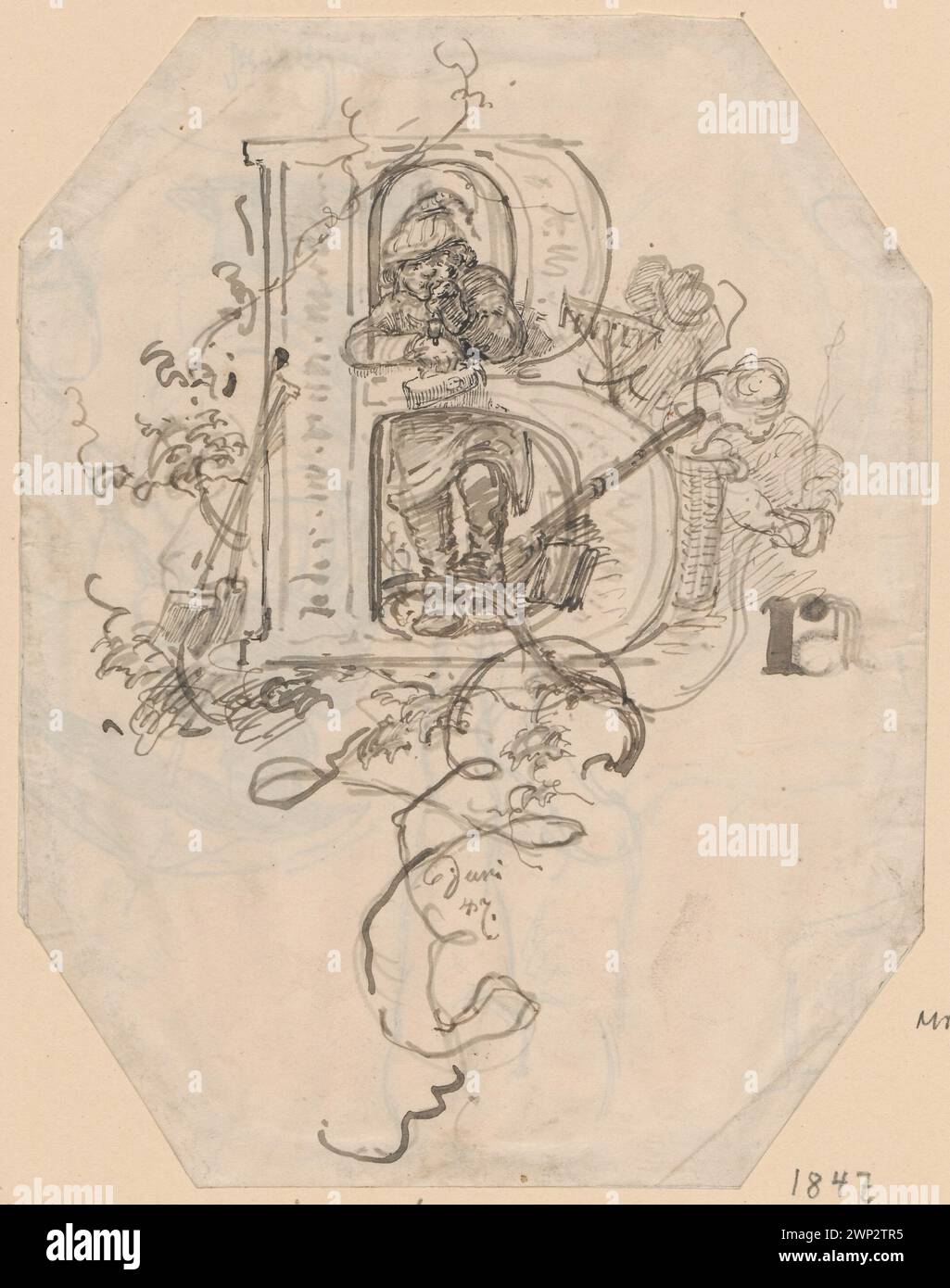 Decorative initiation design ch opa, verso: post with an umbrella ...
