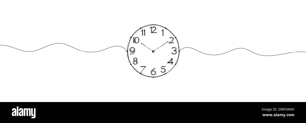 Continuous one line drawing clock icon with doodle handdrawn style ...