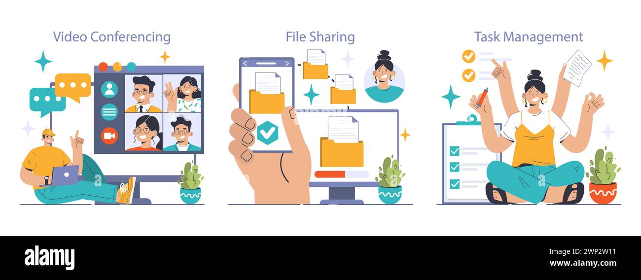 Collaboration tools set. Business characters attending online webinars ...