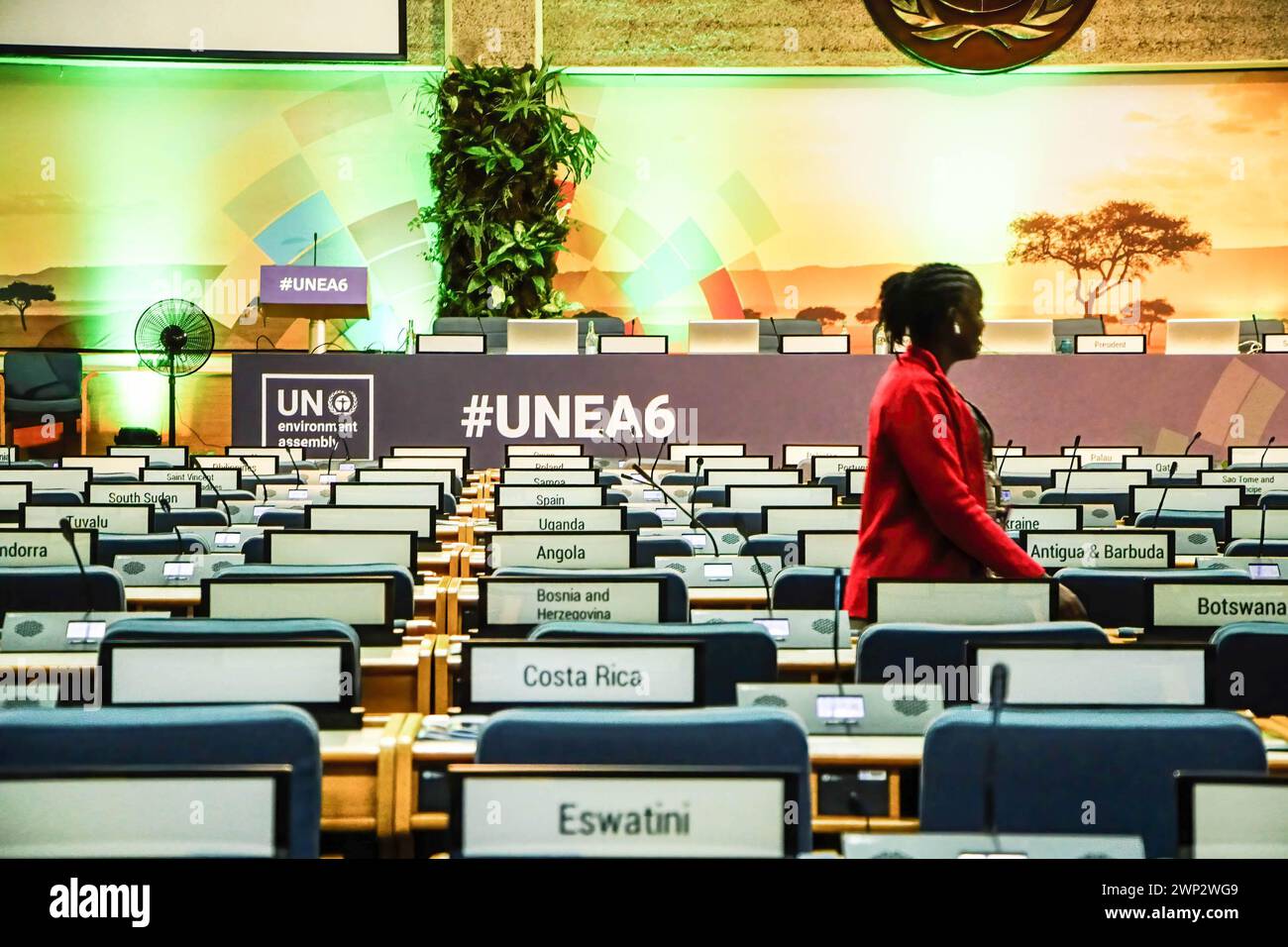 A worker seen preparing the main plenary hall for the United Nations ...