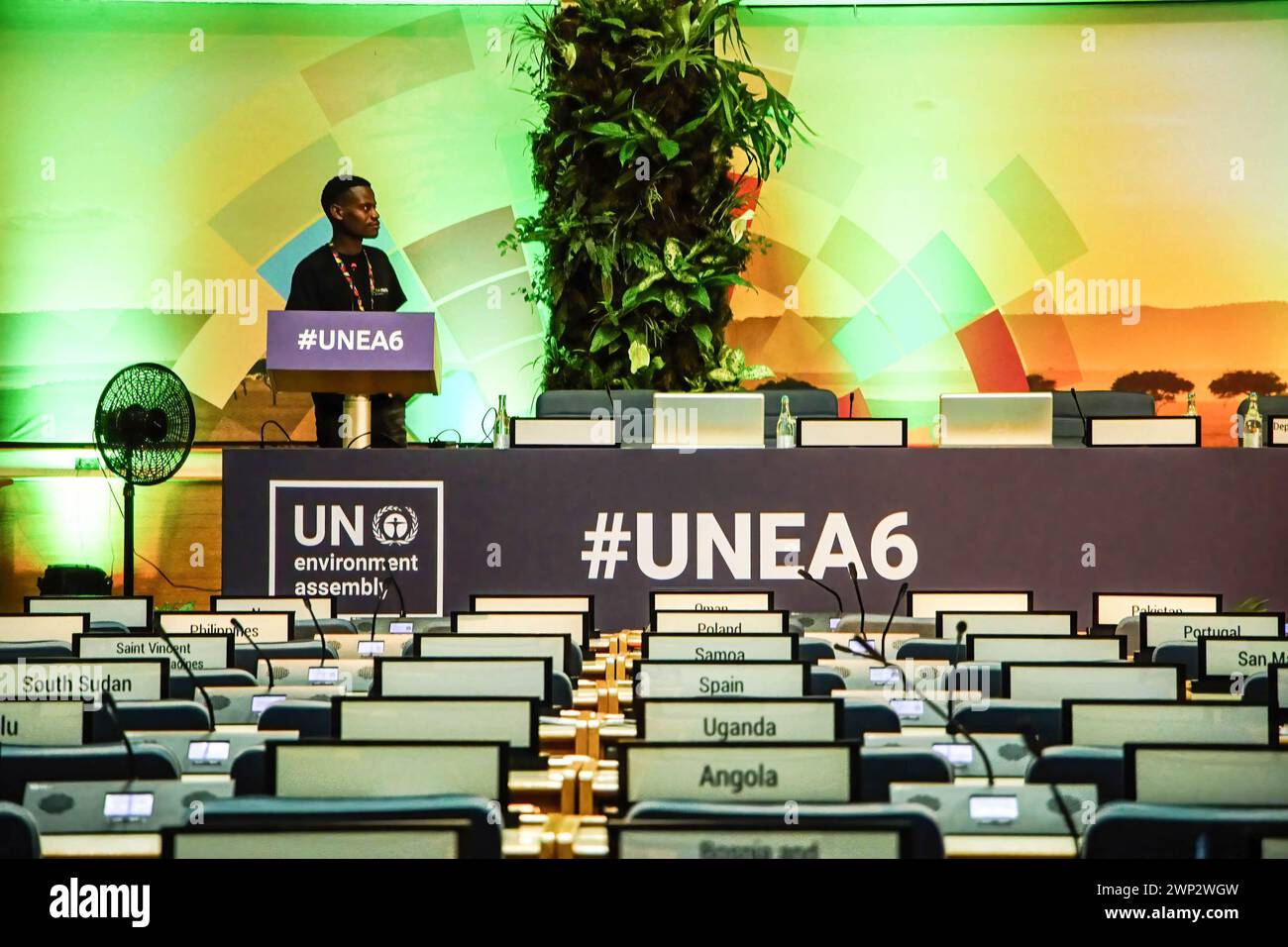 A worker prepares the main plenary hall for the United Nations ...