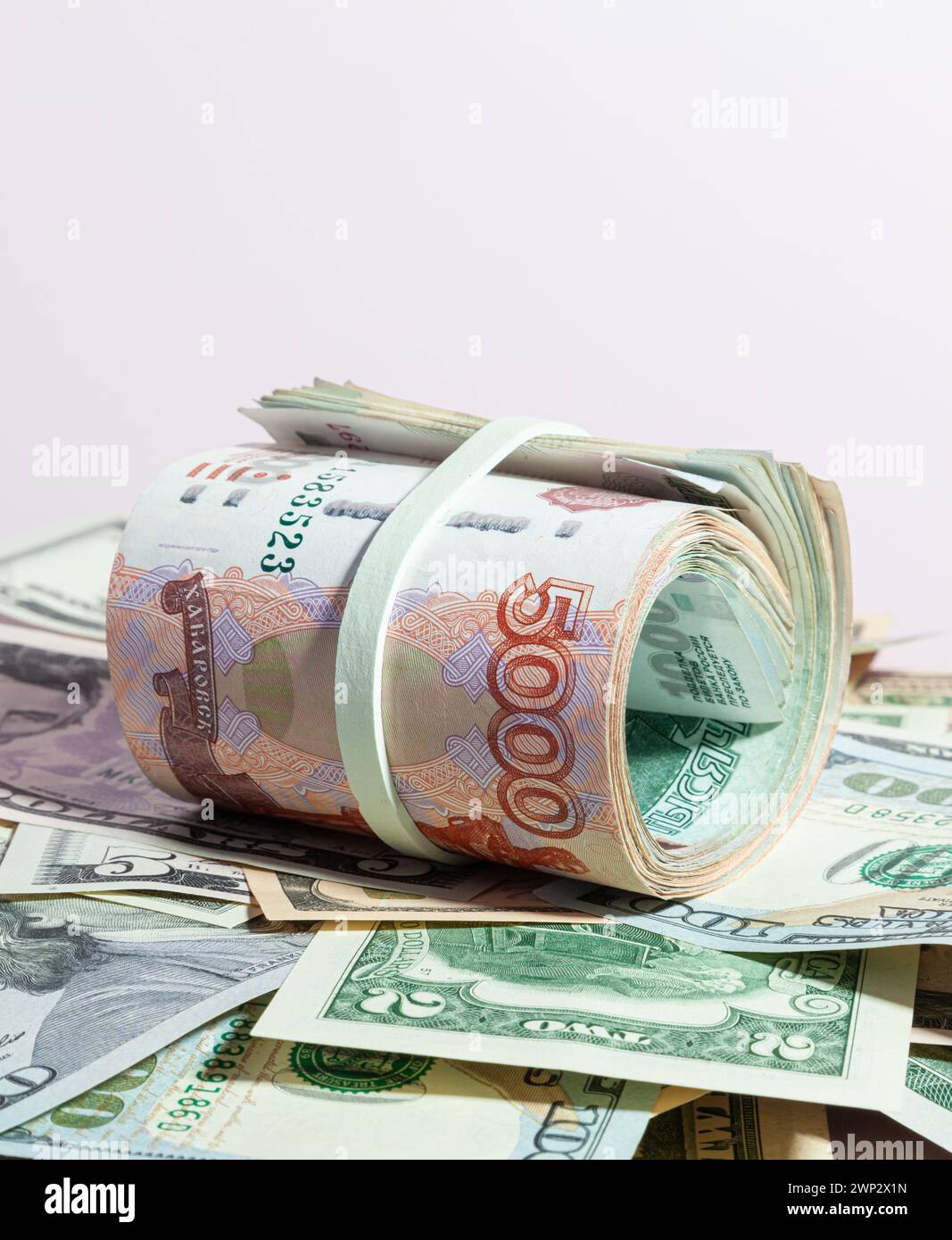 A bundle of Russian paper money in denominations of 1 and 5 thousand ...