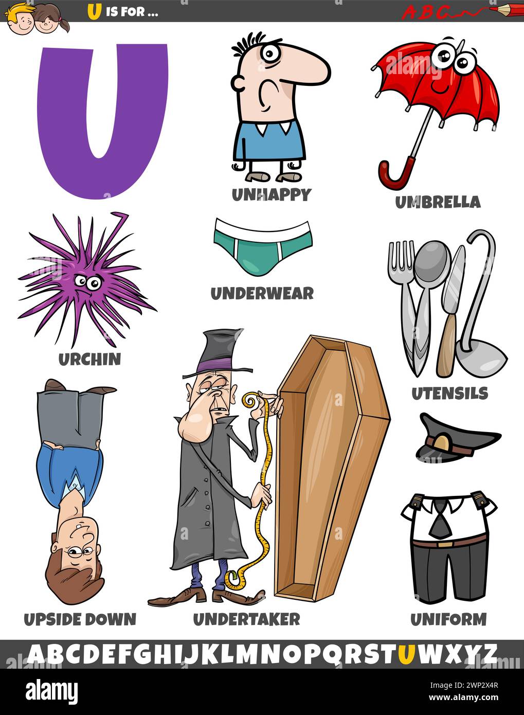 Cartoon illustration of objects and characters set for letter U Stock ...