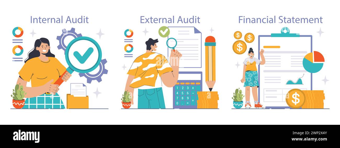 Audit process set. Professionals evaluating financial records. Internal ...
