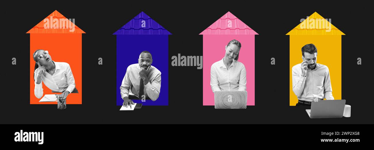 Contemporary art collage. People, employees in colorful houses working ...