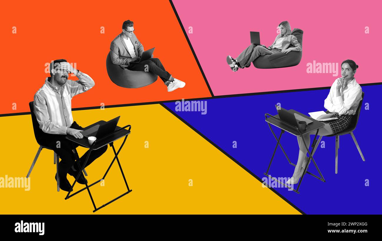 Contemporary art collage. Tired young people sitting in office and ...