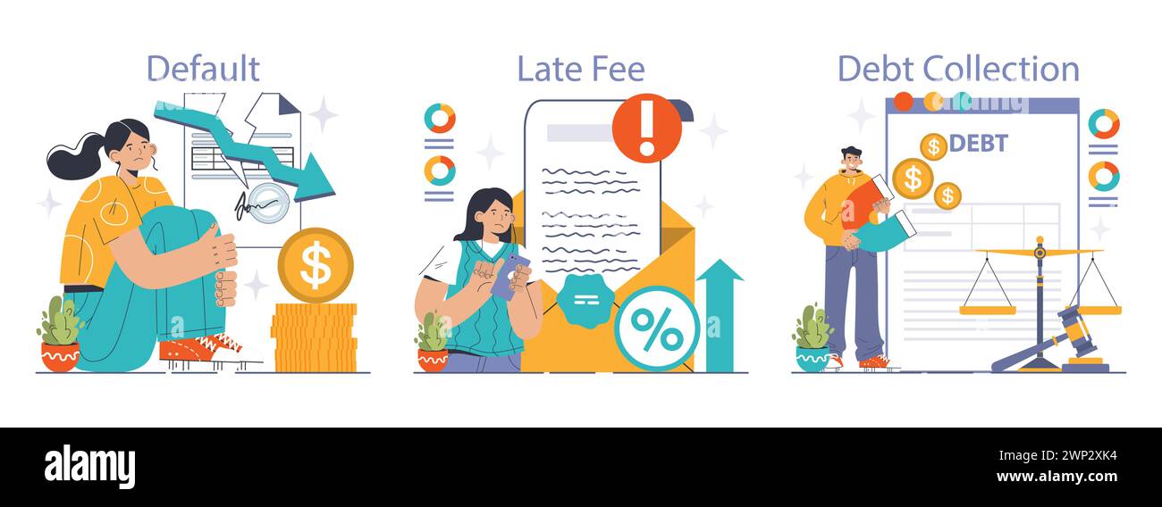 Financial Challenges set. Stages of loan default, accruing late fee and ...