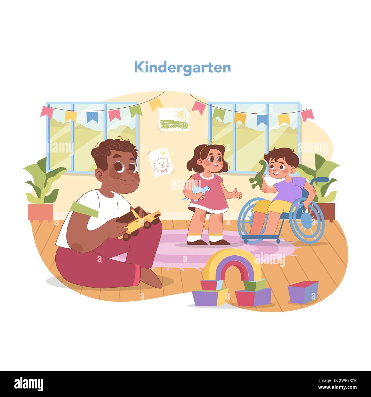 Inclusive kindergarten scene. Joyful play with toys, diverse group of ...