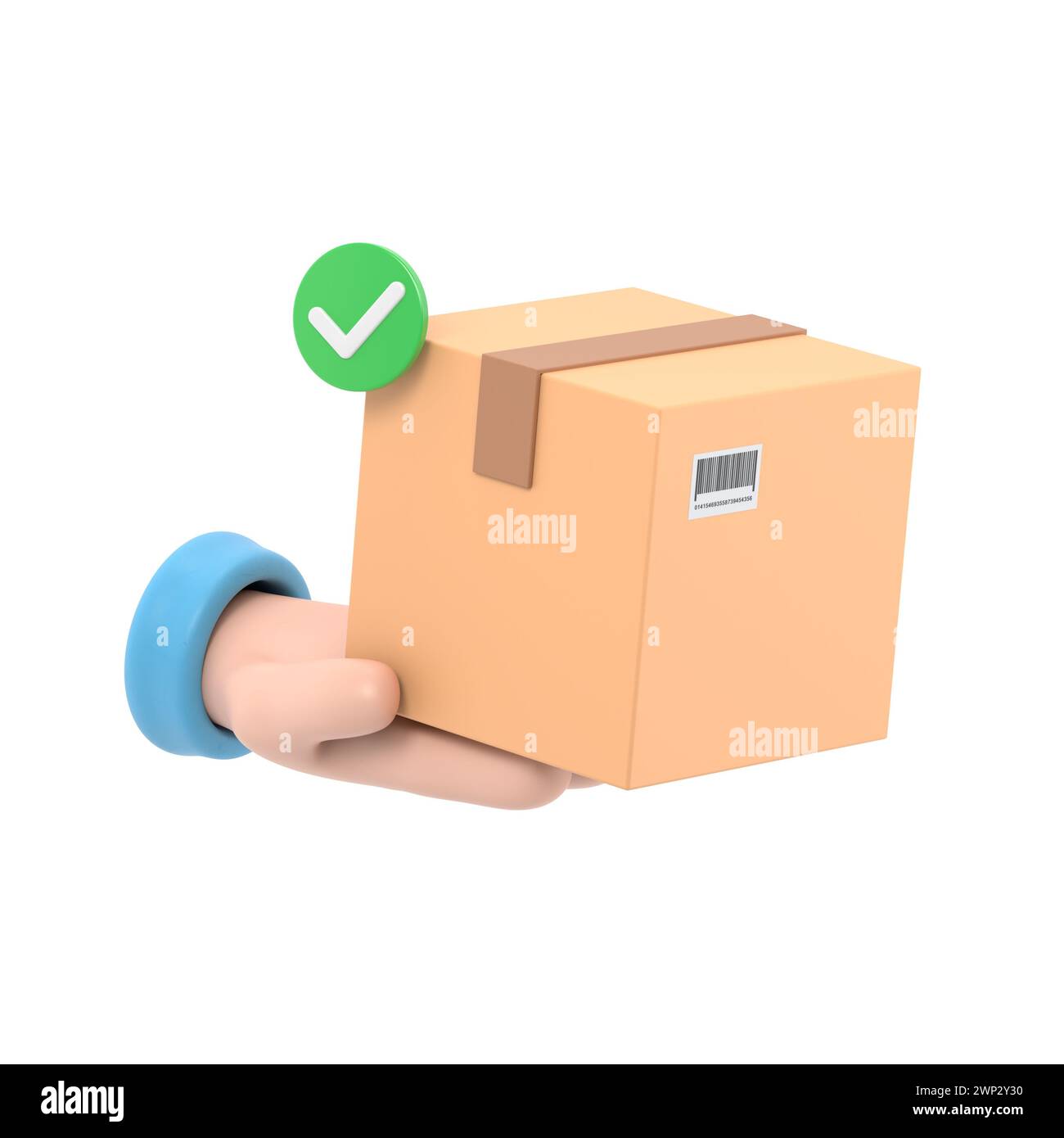 3D Hand holding parcel with check mark. Delivery of order in cardboard ...