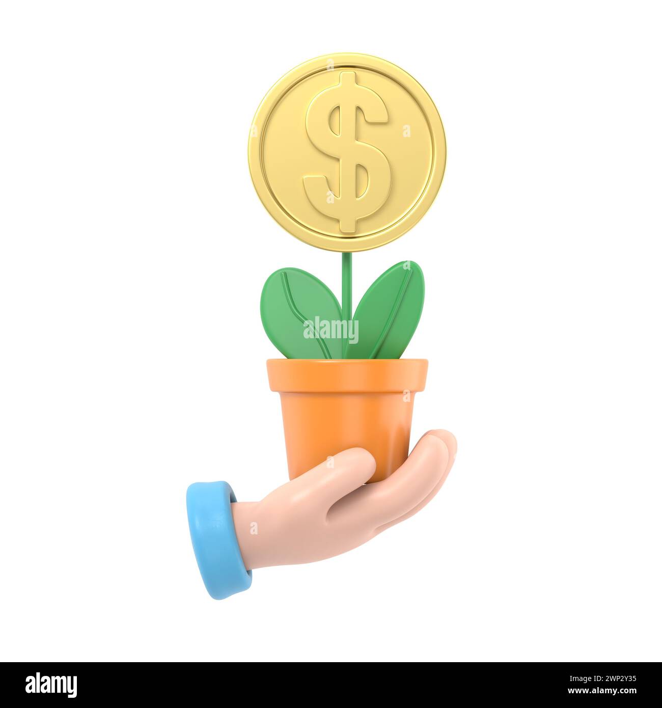 3d pot of plant with gold coin flower in hand on white background ...