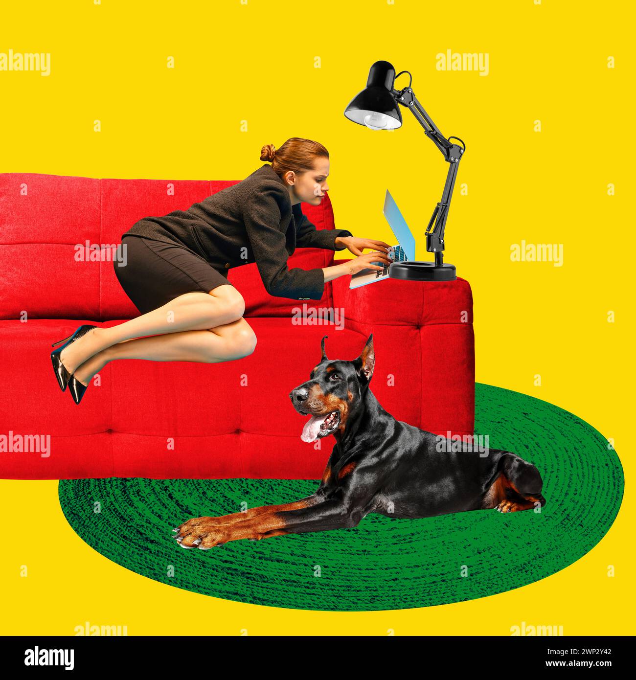 Contemporary Art Collage Woman In Business Attire Laying On Red Couch Working On Laptop With