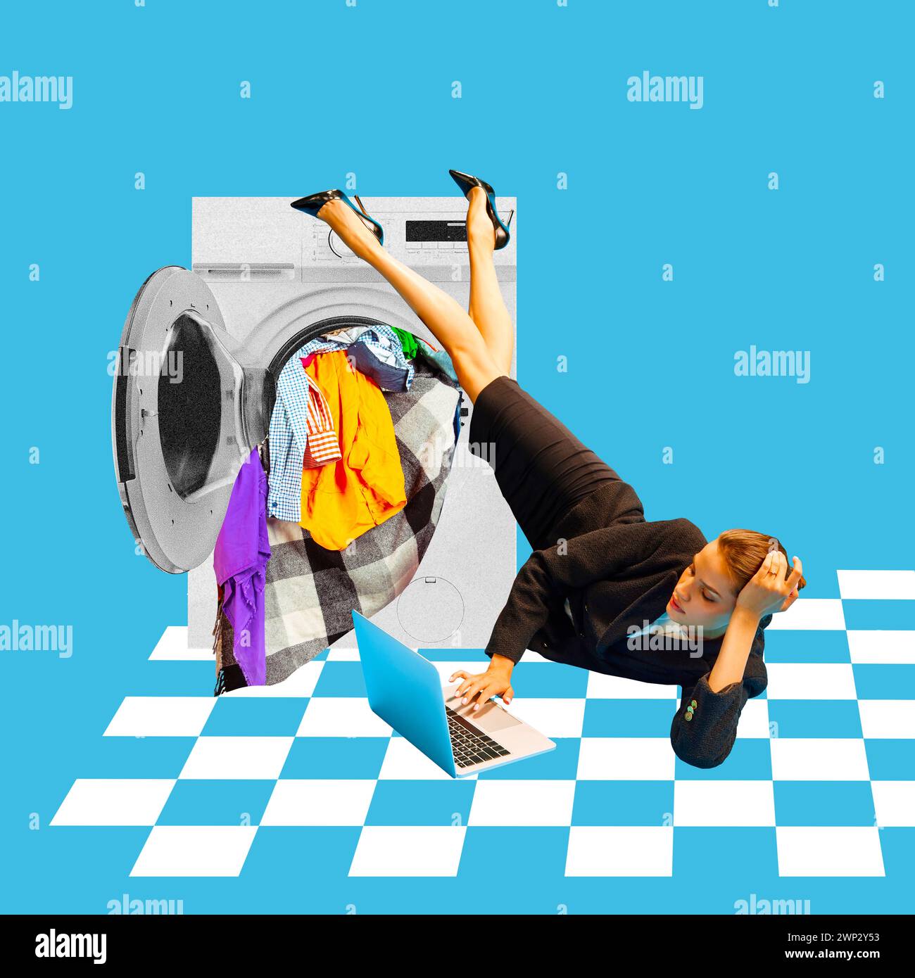 Contemporary art collage. Woman in business suit using laptop, legs up ...